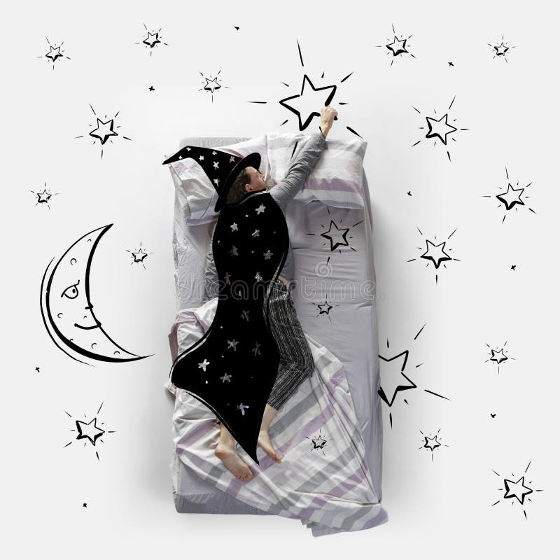 Creative Image. Top View of Young Man Lying on Bed, Sleeping, Dreaming ...