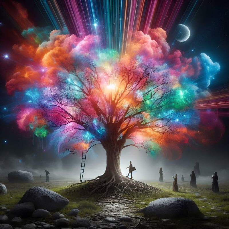 Creative Image of a Tree with Light Effect Stock Photo - Image of night ...