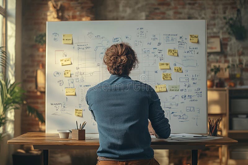 Creative Individual Brainstorming Ideas on Large Whiteboard Covered ...