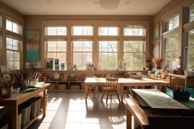 Creative and Inspiring Home Learning Space with Art Projects, Books, and Natural Light Stock ...