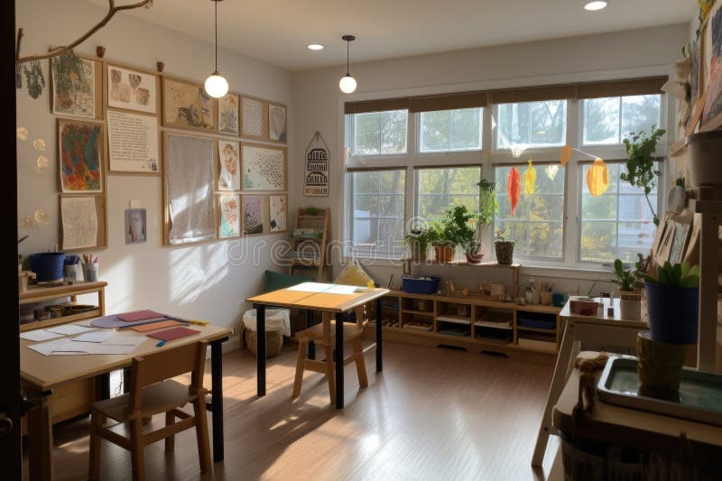Creative and Inspiring Home Learning Space with Art Projects, Books, and Natural Light Stock ...