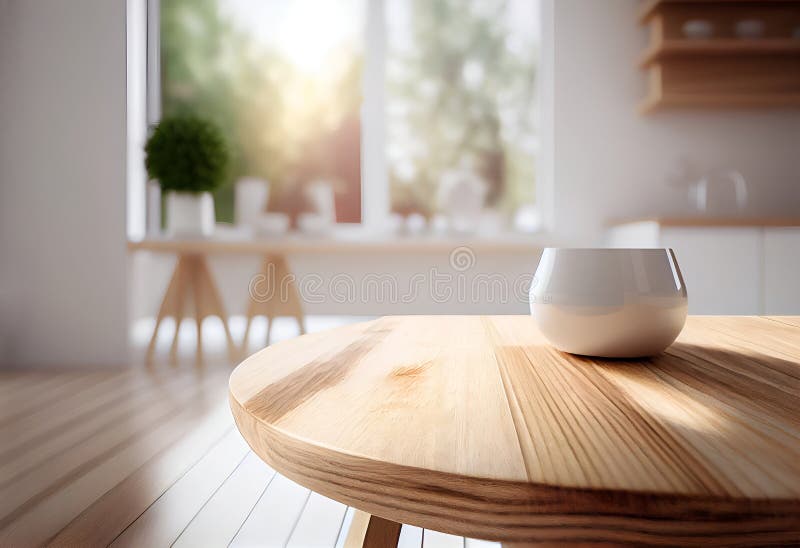 Empty Light Wooden Table Top with Blur Kitchen Interior Home Background ...