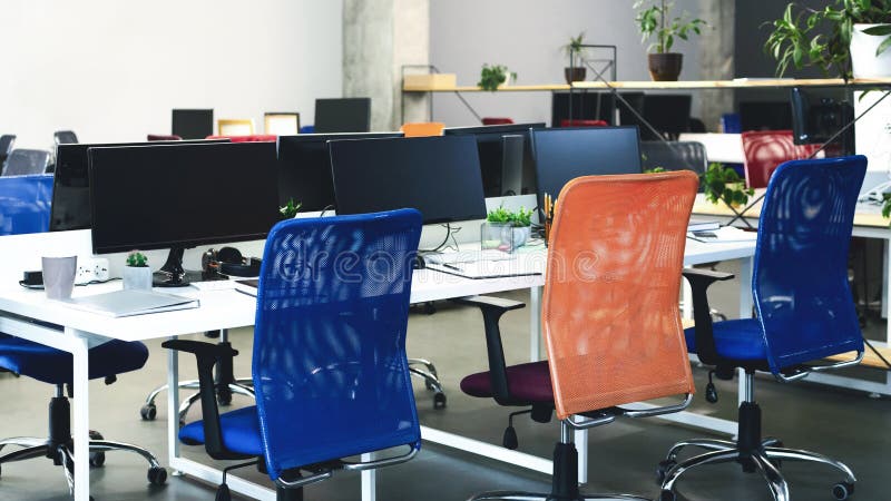 Desktop with Six Computers, Comfortable Coworking Space for Work Stock ...