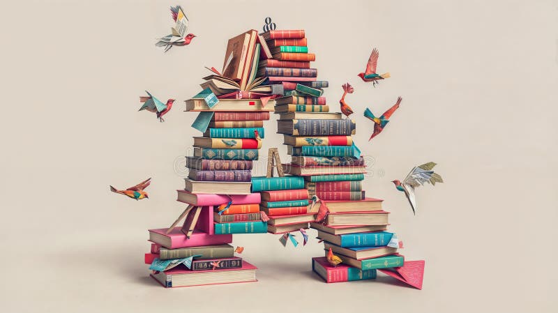 Isometric Letter a Formed by Stacks of Books with People and Birds ...
