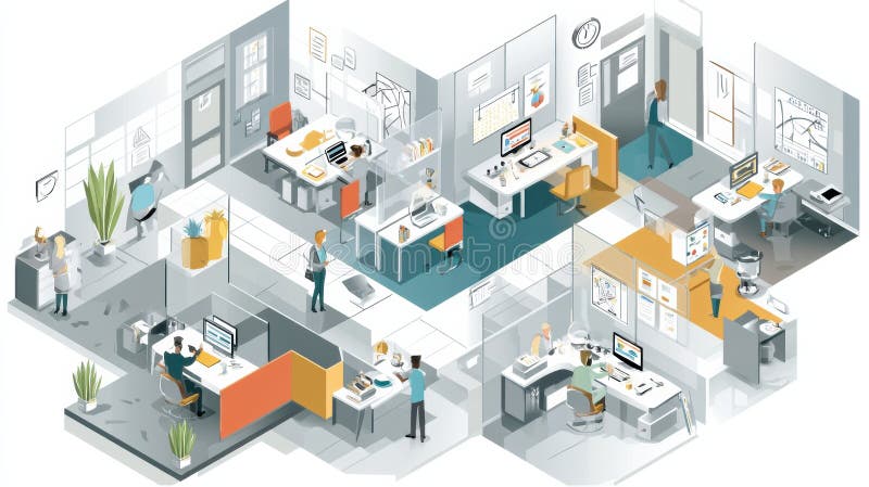 Creative Isometric Office Environment with Employees Engaged in Various ...