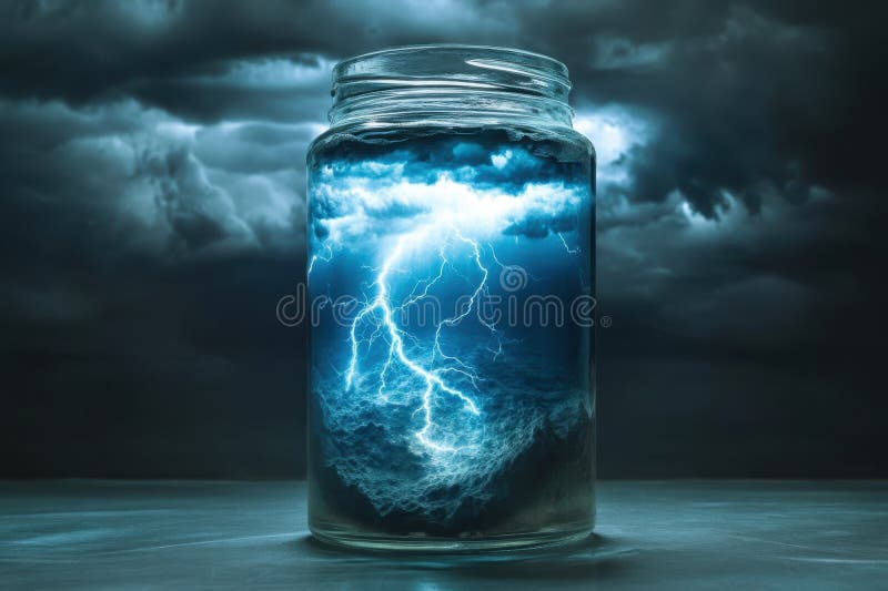 Creative Jar Containing a Storm with Lightning and Clouds Stock ...