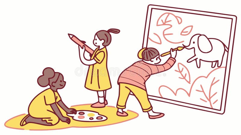 Creative Kids Drawing on Whiteboard: Collaborative Art Activity, Vector ...