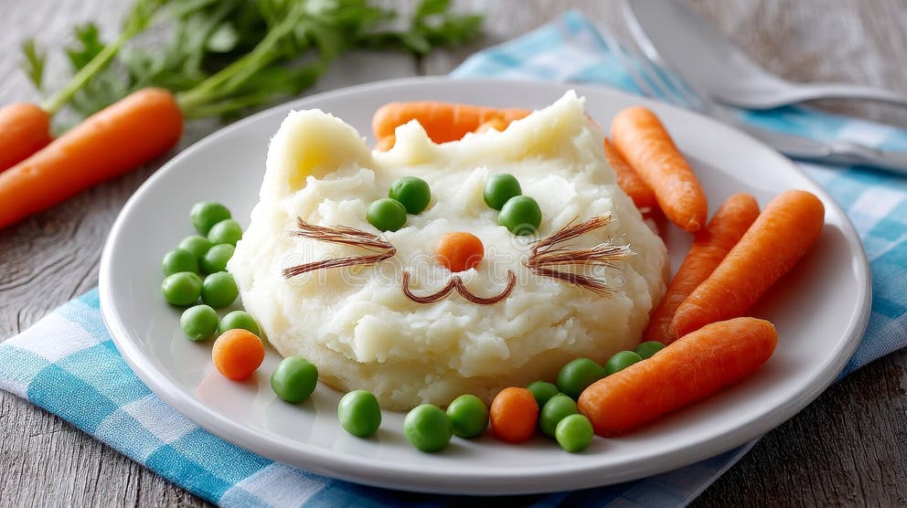 Creative Kids Meal with Mashed Potato Cat Face and Vegetables Stock ...