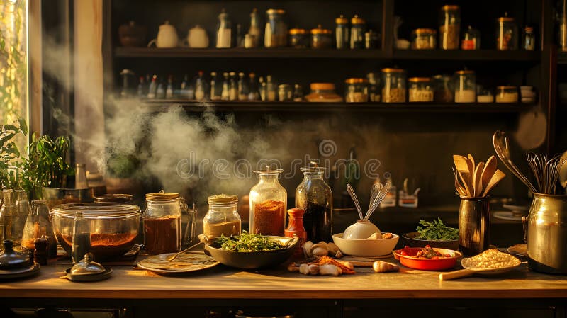 A Creative Kitchen Setup with Various Ingredients Spice Stock ...