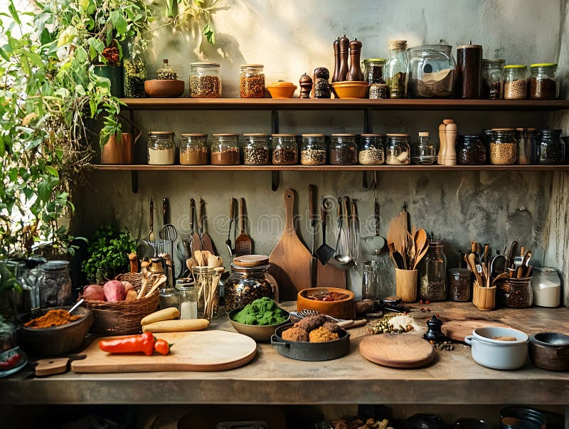 A Creative Kitchen Setup with Various Ingredients Spice Stock ...