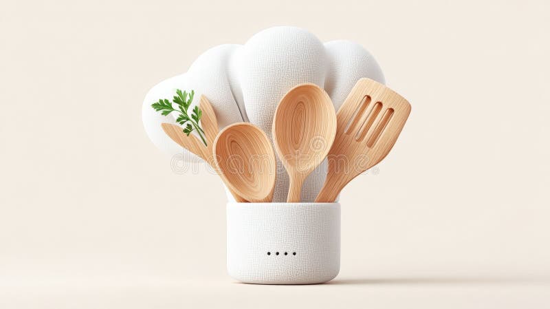Creative Kitchen Utensils Display with Chef Hat and Wooden Tools on ...