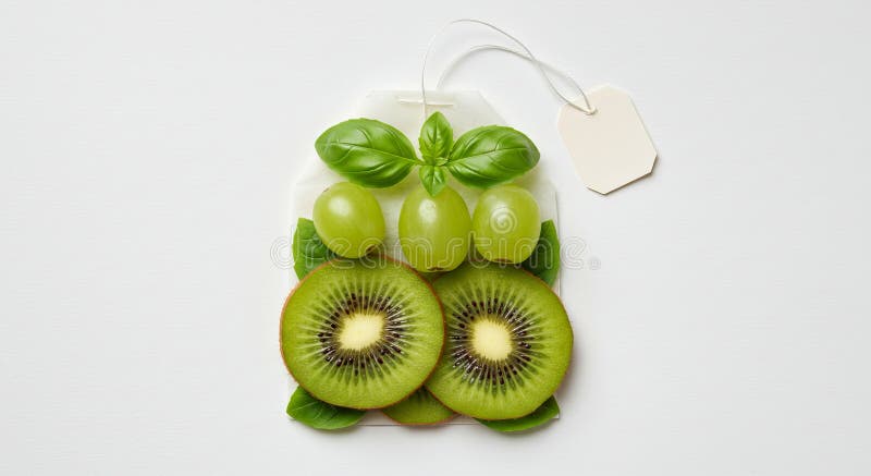 Creative Kiwi and Grape Tea Bag Arrangement with Basil on White ...