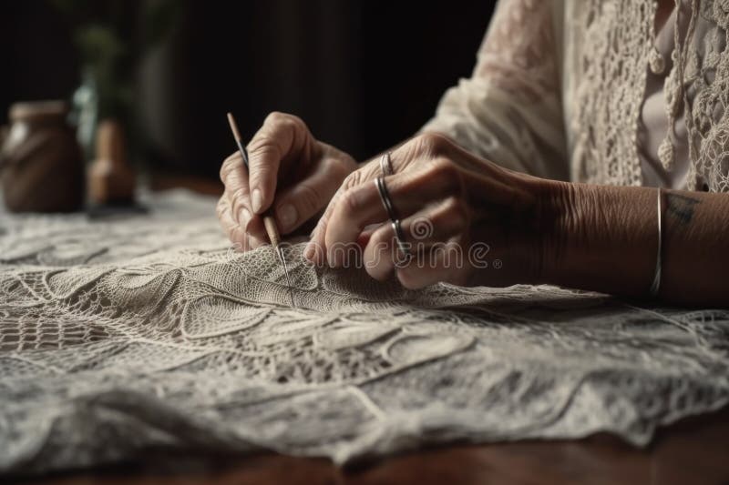 Creative Knitter or Crocheter, Working on Intricate and Delicate Piece ...