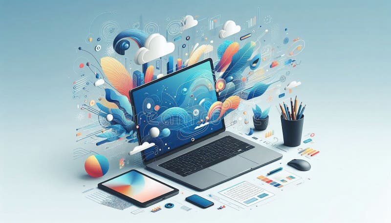 Creative Laptop and Abstract Background Design Stock Illustration ...