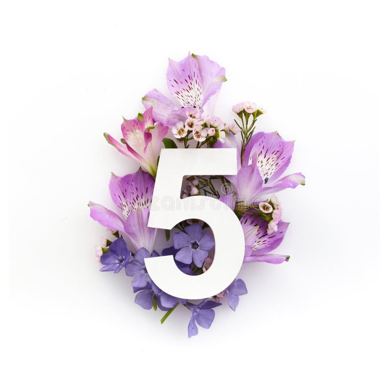 Creative Layout with Colourful Flowers and Number Five. Flat Lay. Top ...