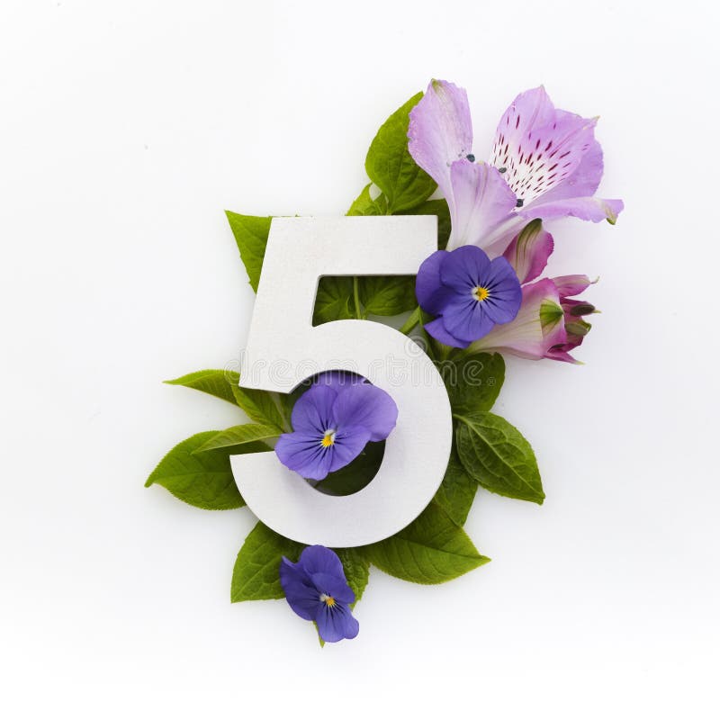Creative Layout with Colourful Flowers and Number Five. Flat Lay. Top ...