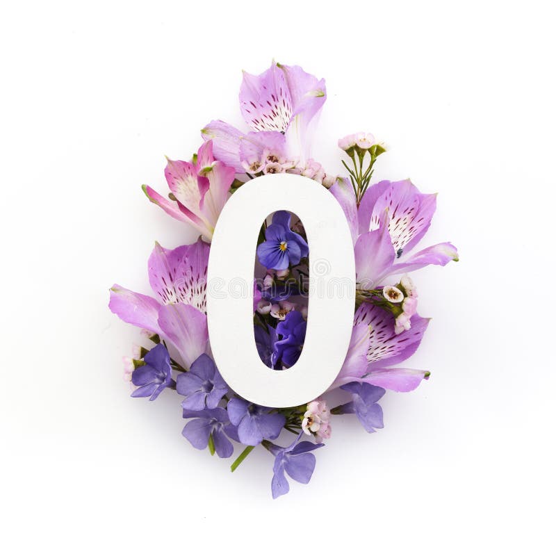 Creative Layout with Colourful Flowers and Number Zero. Flat Lay. Top ...