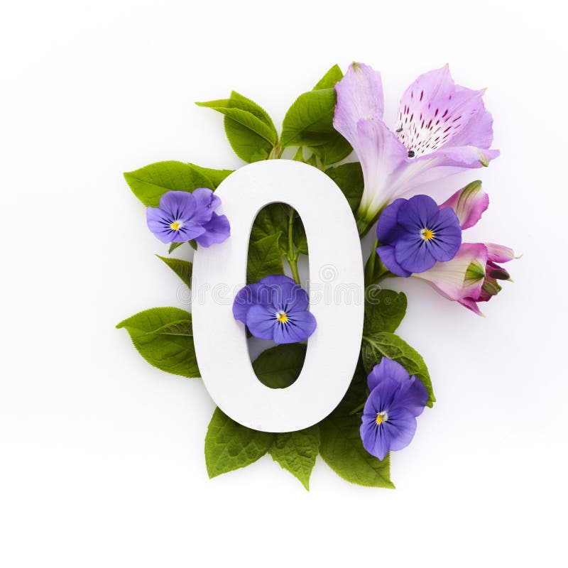 Creative Layout with Colourful Flowers and Number Zero. Flat Lay. Top ...
