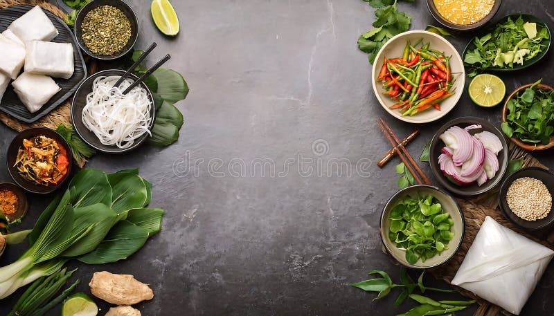 Creative Layout Featuring Fresh Vietnamese and Thai Cooking Ingredients ...