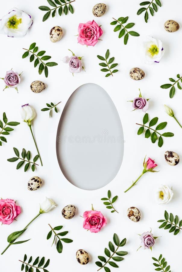 Creative Layout with Floral Pattern and Quail Eggs. Egg Shaped Hole ...