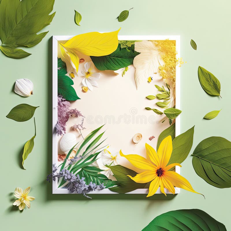 Creative Layout of Flowers and Leaves with a Paper Note. Flat Lay ...