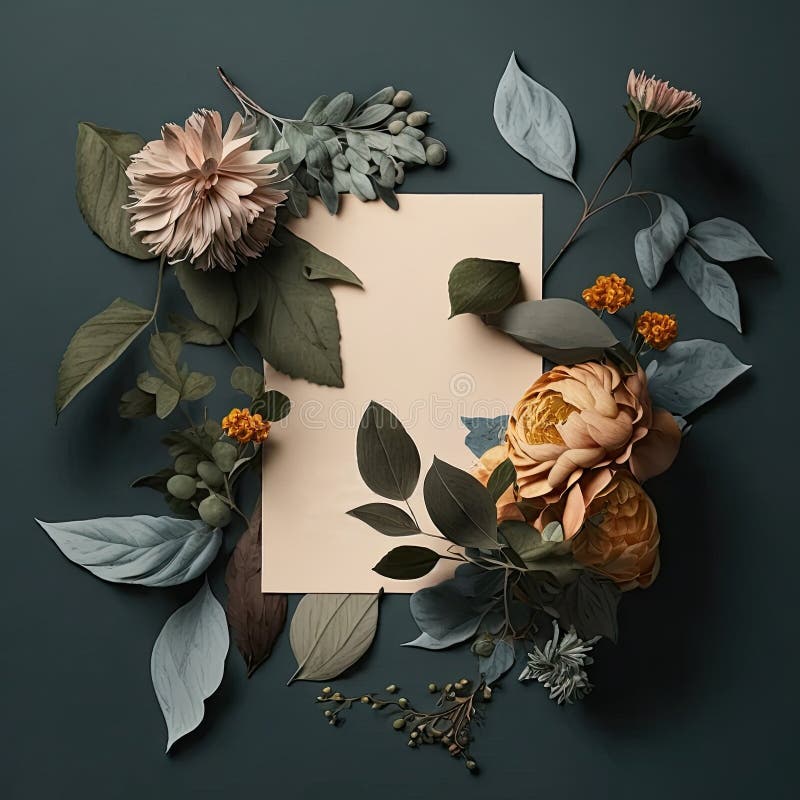 Creative Layout of Flowers and Leaves with a Paper Note. Flat Lay ...