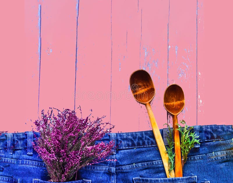 Creative Layout. Heather Color and Wooden Spoons on Denim Texture.n ...