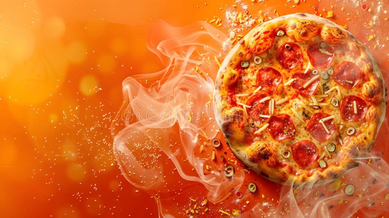 Creative Layout of Hot Delicious Pizza with Smoke on an Orange ...