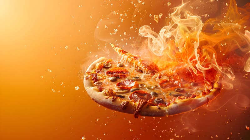 Creative Layout of Hot Delicious Pizza with Smoke on an Orange ...
