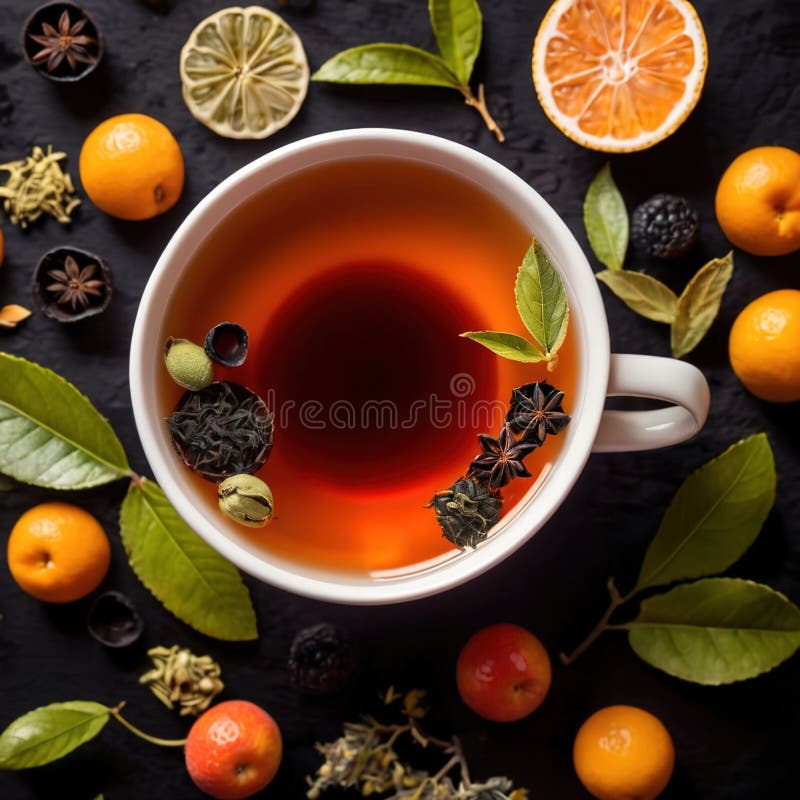 Creative Layout Made of Cup of Tea, Green Tea, Black Tea, Fruit and ...
