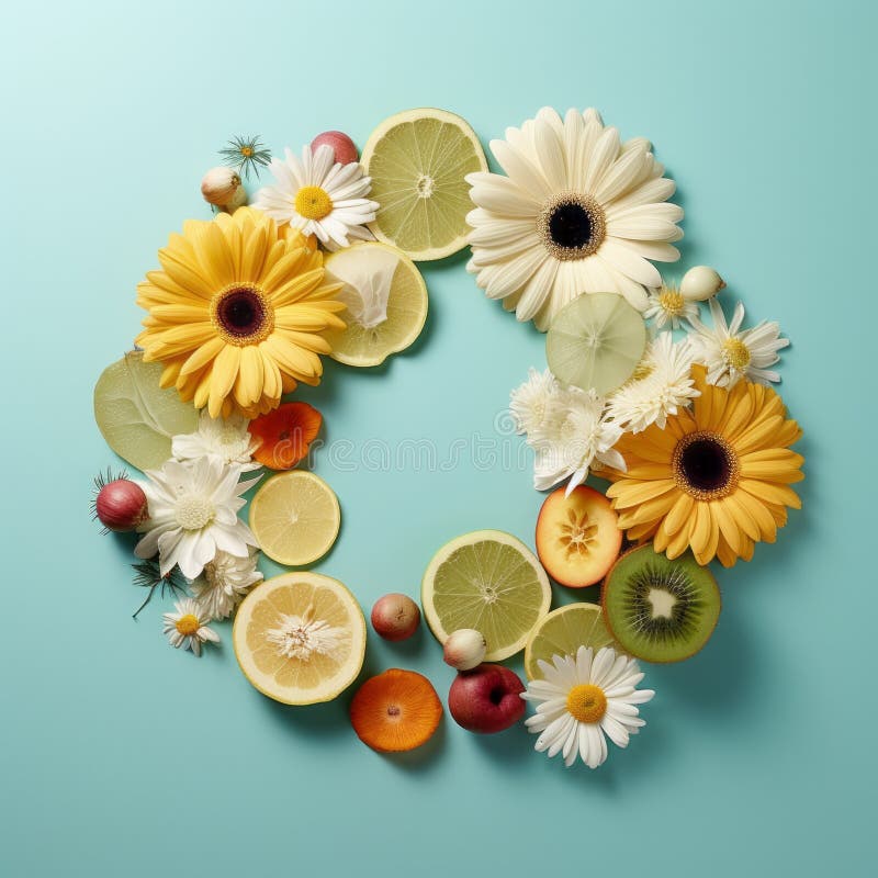 Creative Layout Made of Fresh Fruits and Flowers. Flat Lay Stock ...