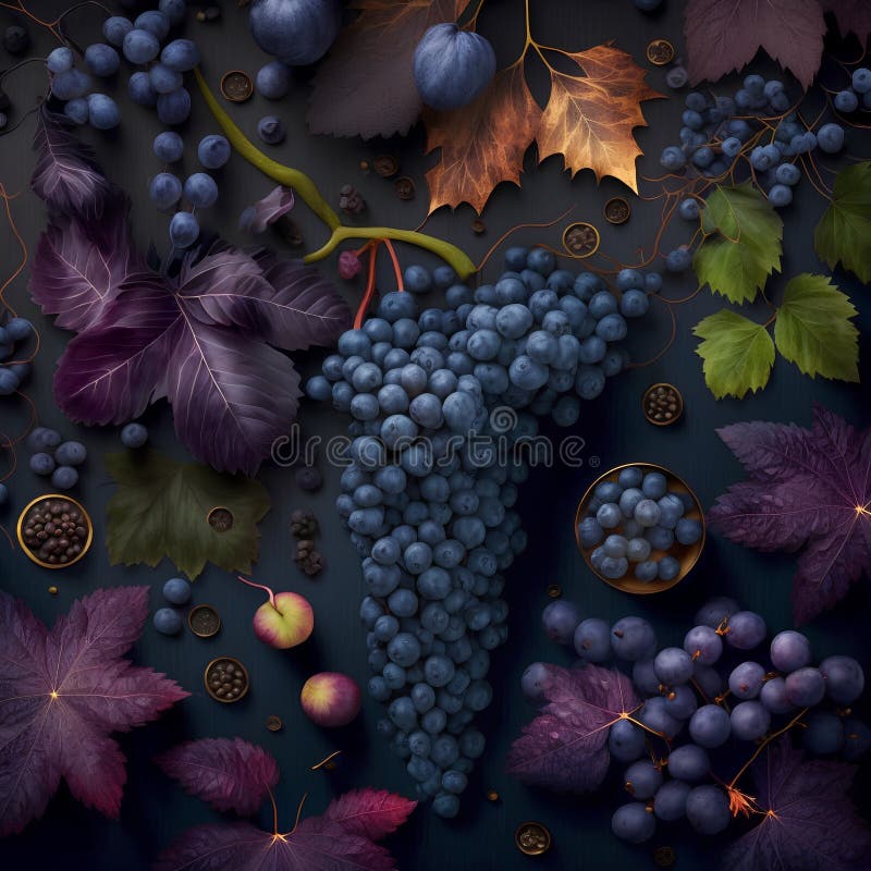 Creative Layout Made of Grapes and Leaves on a Dark Background. Stock ...