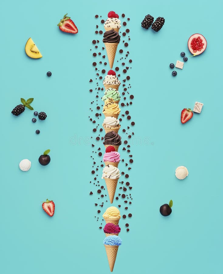 Creative Layout Made of Ice Cream Cones and Berries on Blue Background ...