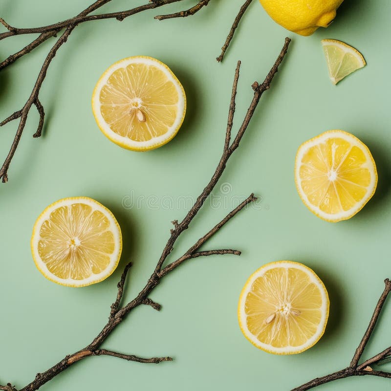 Creative Layout Made of Lemon Slices and Branches on Green Background ...