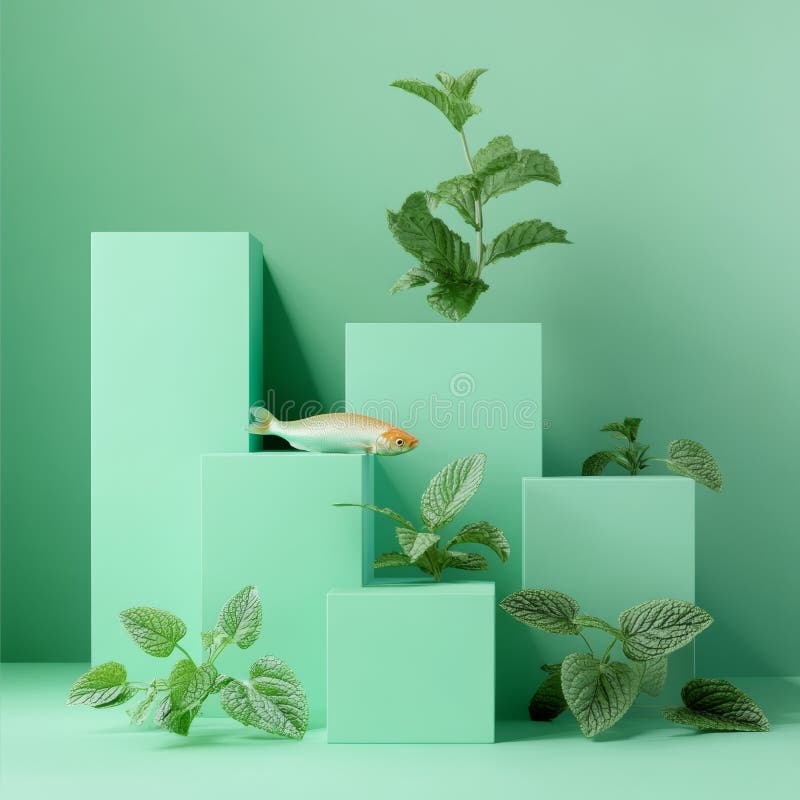 Creative Layout Made of Mint Leaves and Fish. 3d Rendering Stock ...