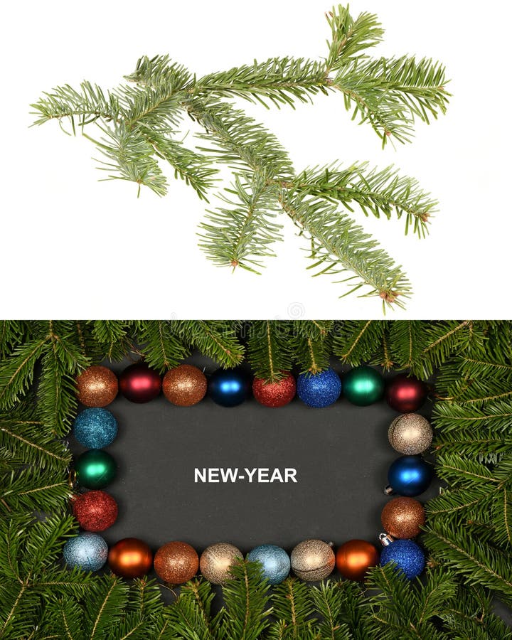 Creative Layout Made of Spruce Branch and Christmas Decorations Stock ...