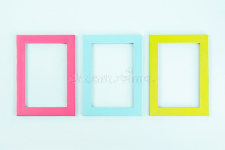 Creative Layout Made of Three Bright Colored Frames on Blue Background ...