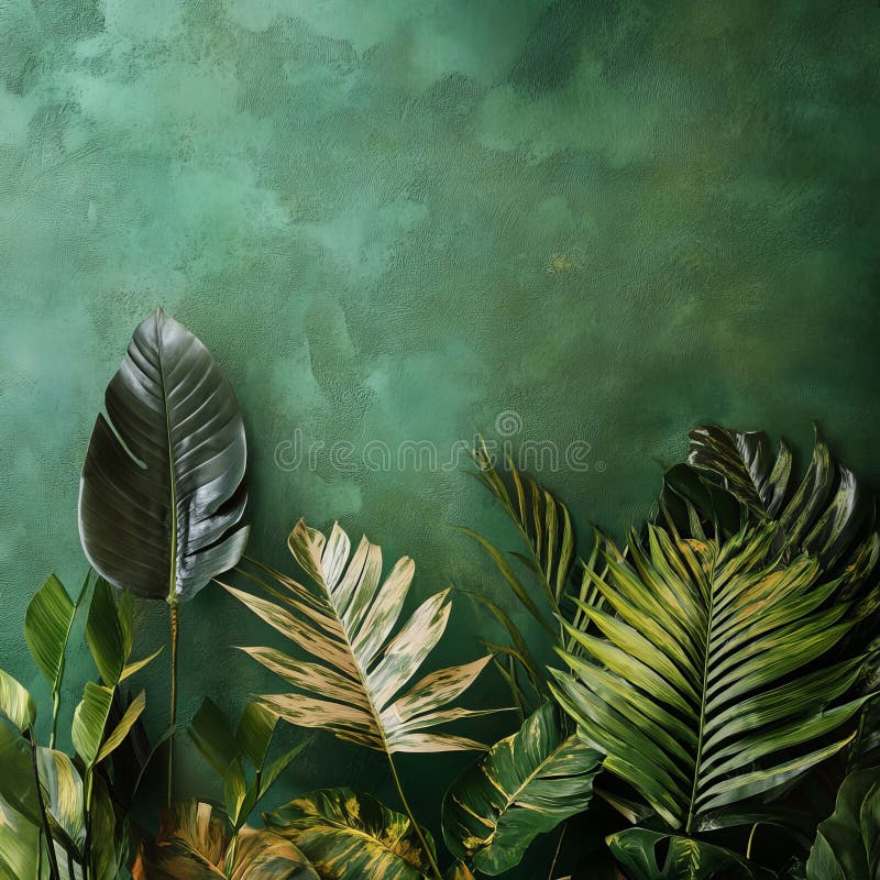 Creative Layout Made of Tropical Leaves on Green Grunge Background ...
