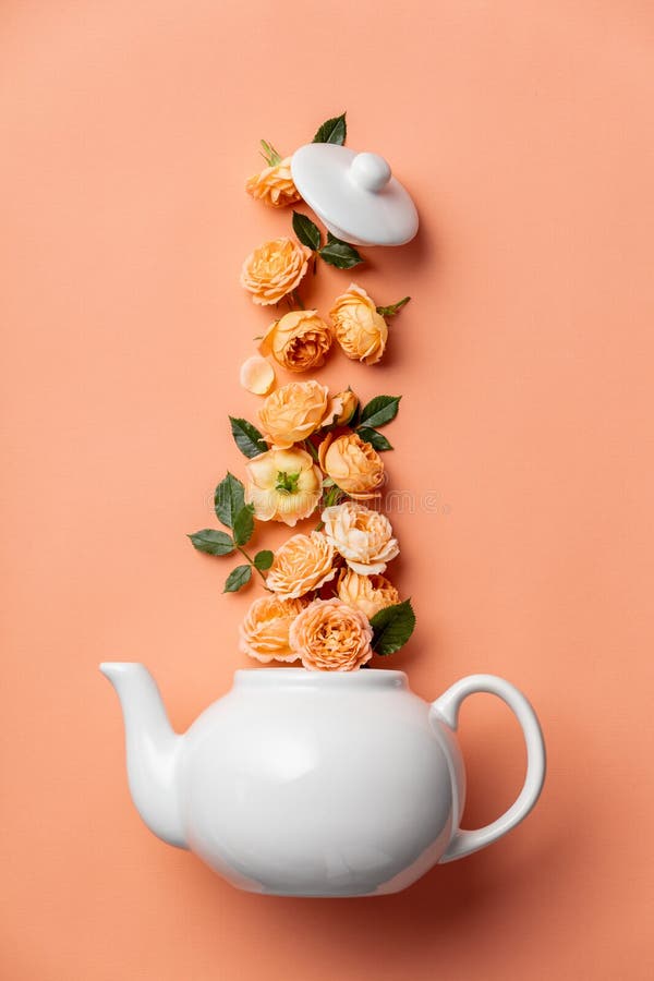 Creative Layout Made of Whte Tea Pot with Orange Roses on Pink ...