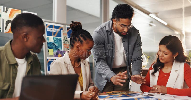 Creative, Layout and Man with Team in Meeting for Feedback, Online ...