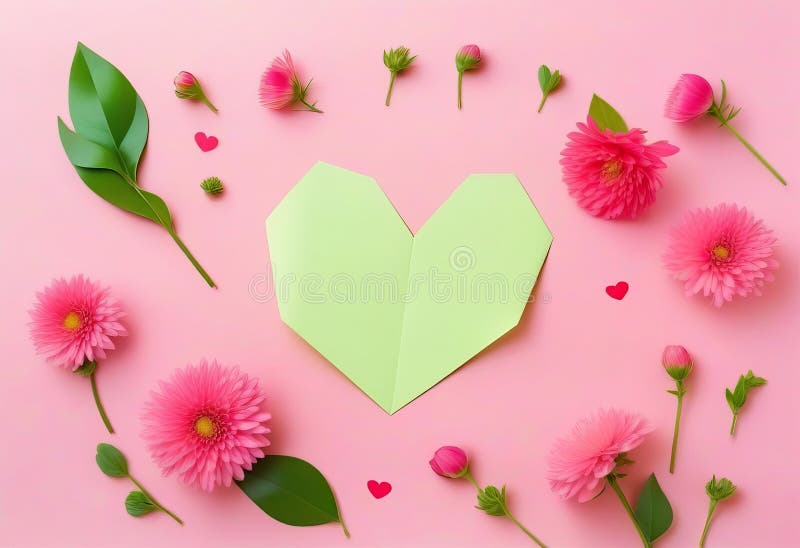 Creative Layout with Pink Flowers, Paper Heart Over Punchy Stock ...