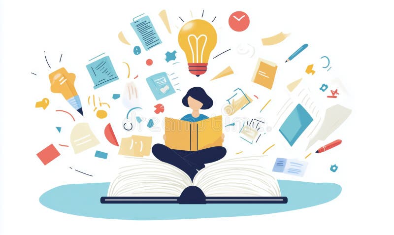 Creative Learning and Knowledge Acquisition through Reading, Illustration of Person Reading Book ...