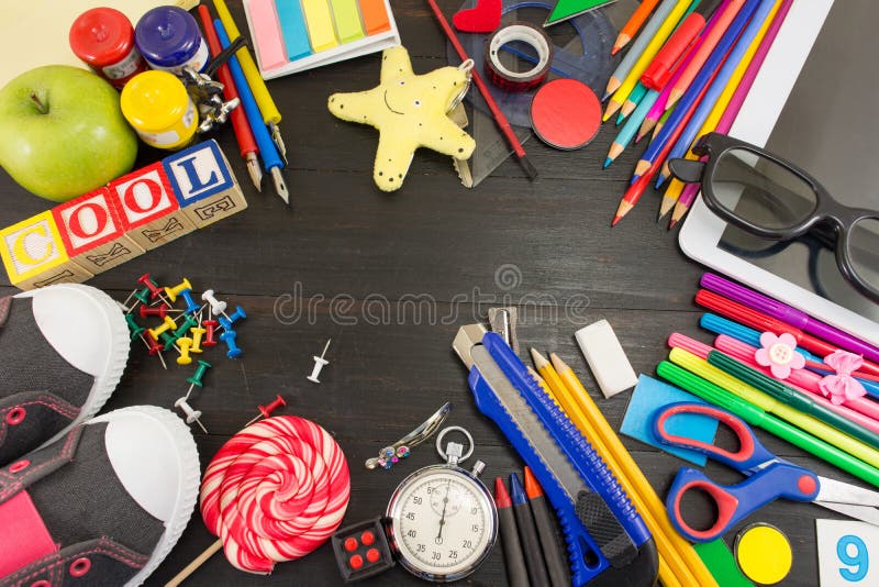 Creative Learning Objects on Wooden Table Stock Photo - Image of paper ...