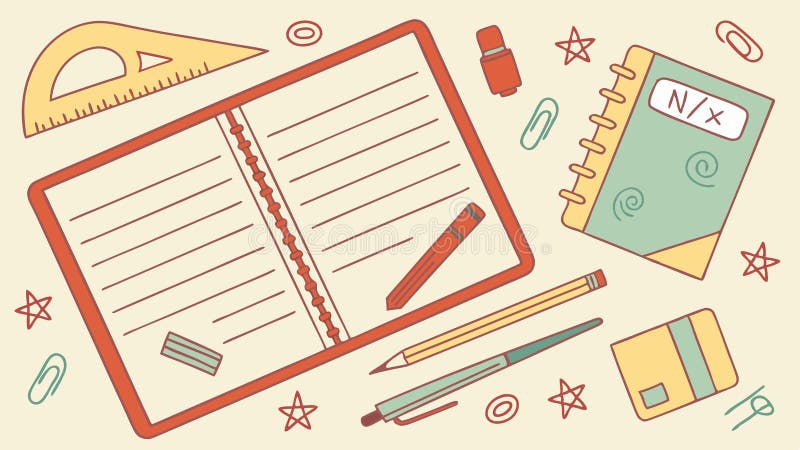 Creative Learning Space, Open Notebook and Colorful Stationery, Vector ...