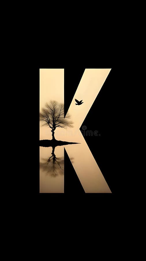 Creative Letter K Design with Tree Silhouette and Reflection Stock ...