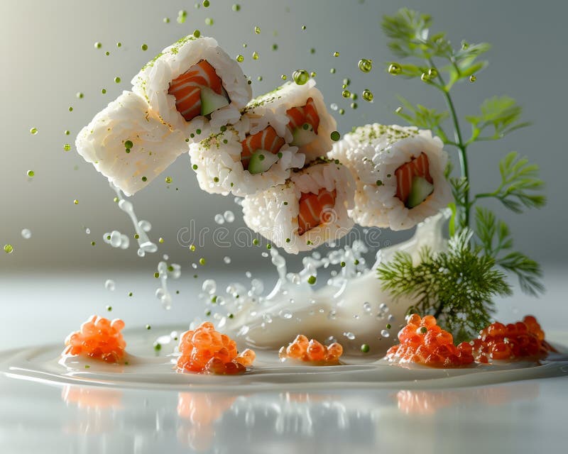 Creative Levitating Sushi Concept with Greenery and Salmon Roe on ...