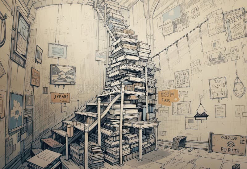Creative Library with Stacked Books and Stairway in a Unique Artistic ...