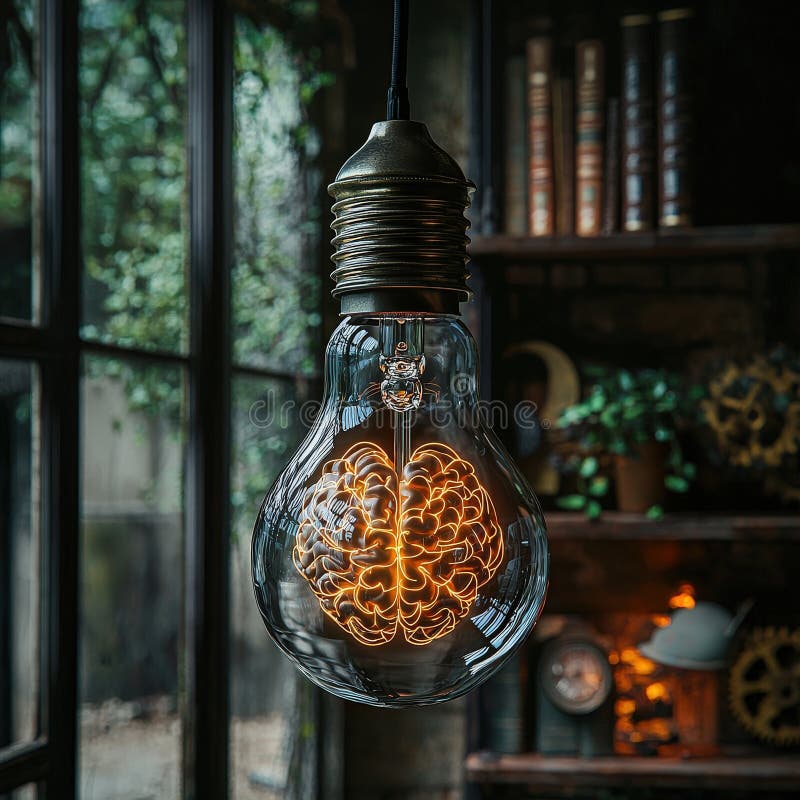 Brain Inside Light Bulb on Old Book in Forest Setting Stock Image ...