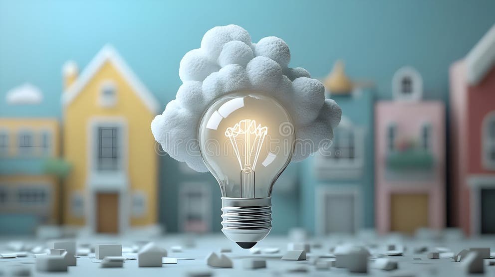 Creative Light Bulb Cloud Above Tiny Town with Miniature Buildings ...