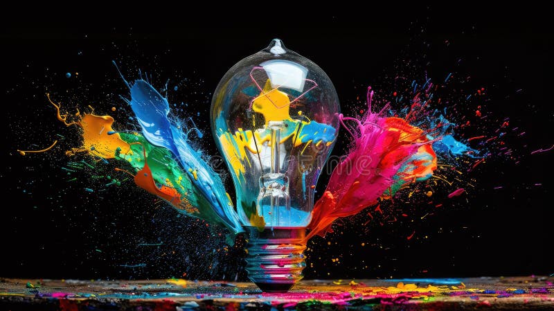Creative Light Bulb Explodes with Colorful Paint and Colors Stock Photo ...